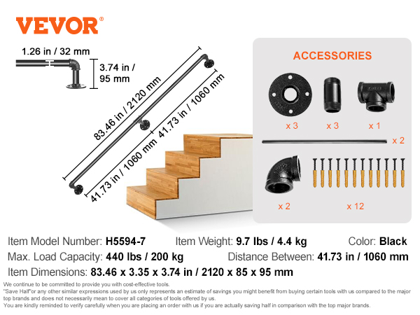VEVOR Pipe Stair Handrail, 7FT Staircase Handrail, 440LBS Load Capacity ...