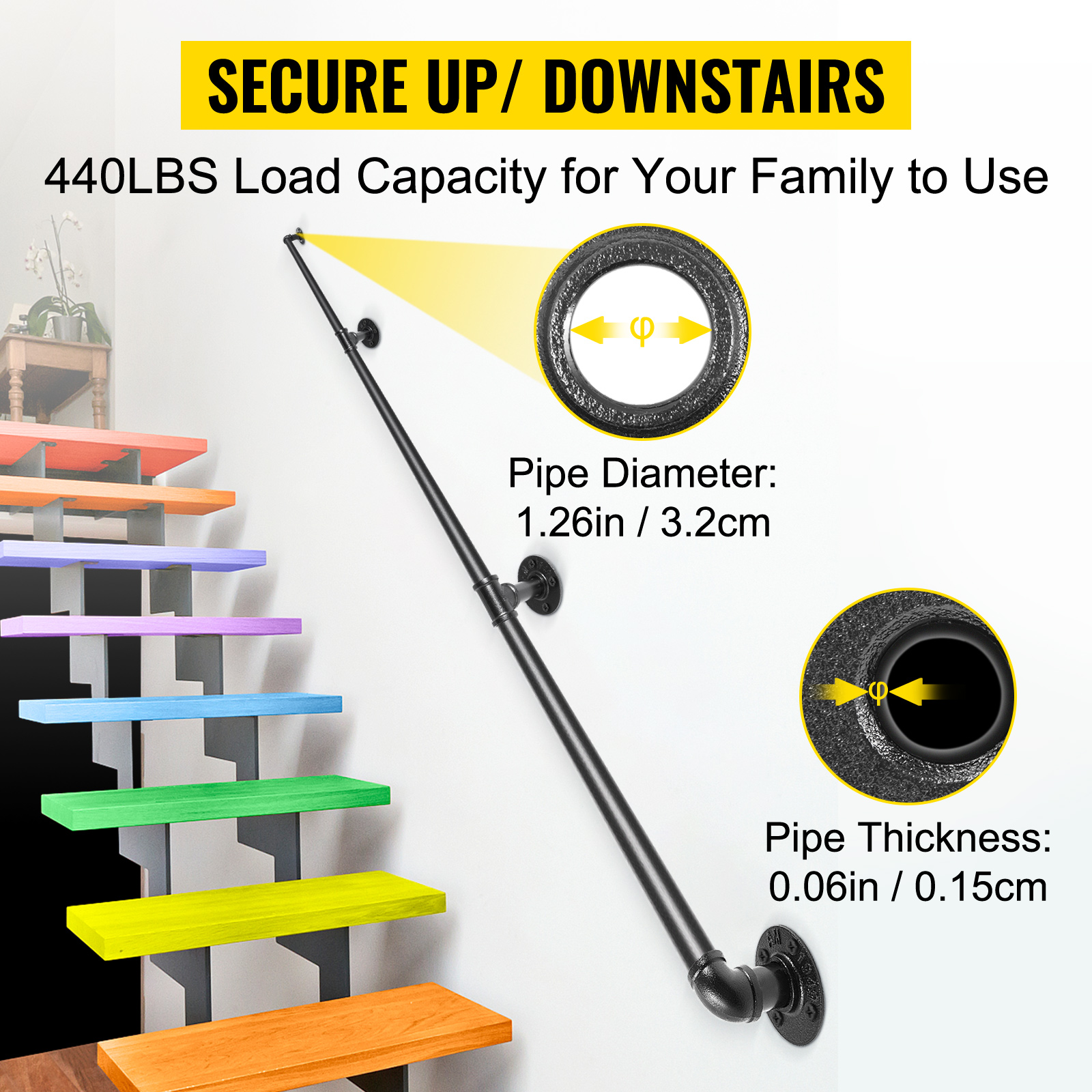 Mophorn 9FT Pipe Stair Handrail, 440LBS Load Capacity, Carbon Steel ...