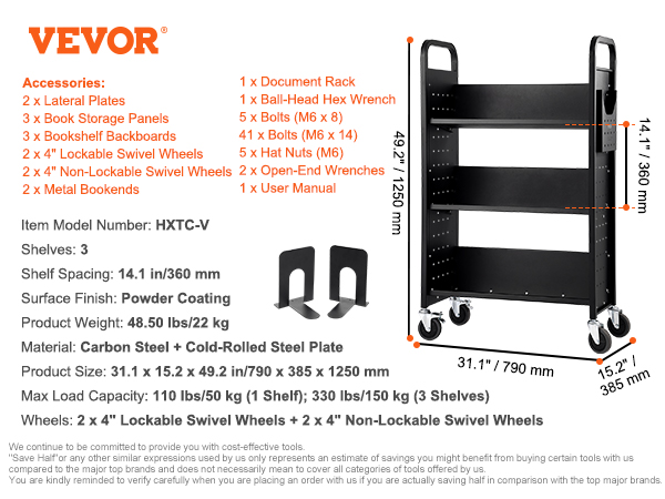 VEVOR Book Cart, 330 lbs Library Cart, 31.1" x 15.2" x 49.2" Rolling ...