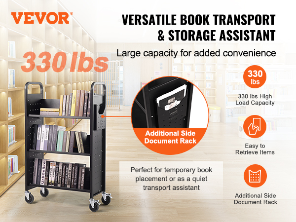 VEVOR Book Cart, 330 lbs Library Cart, 31.1" x 15.2" x 49.2" Rolling ...