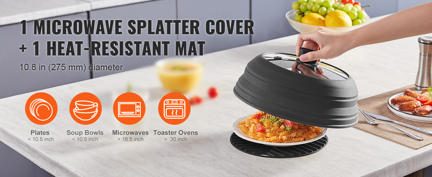 VEVOR Microwave Splatter Cover & Mat 10.8" Collapsible Microwave Food ...