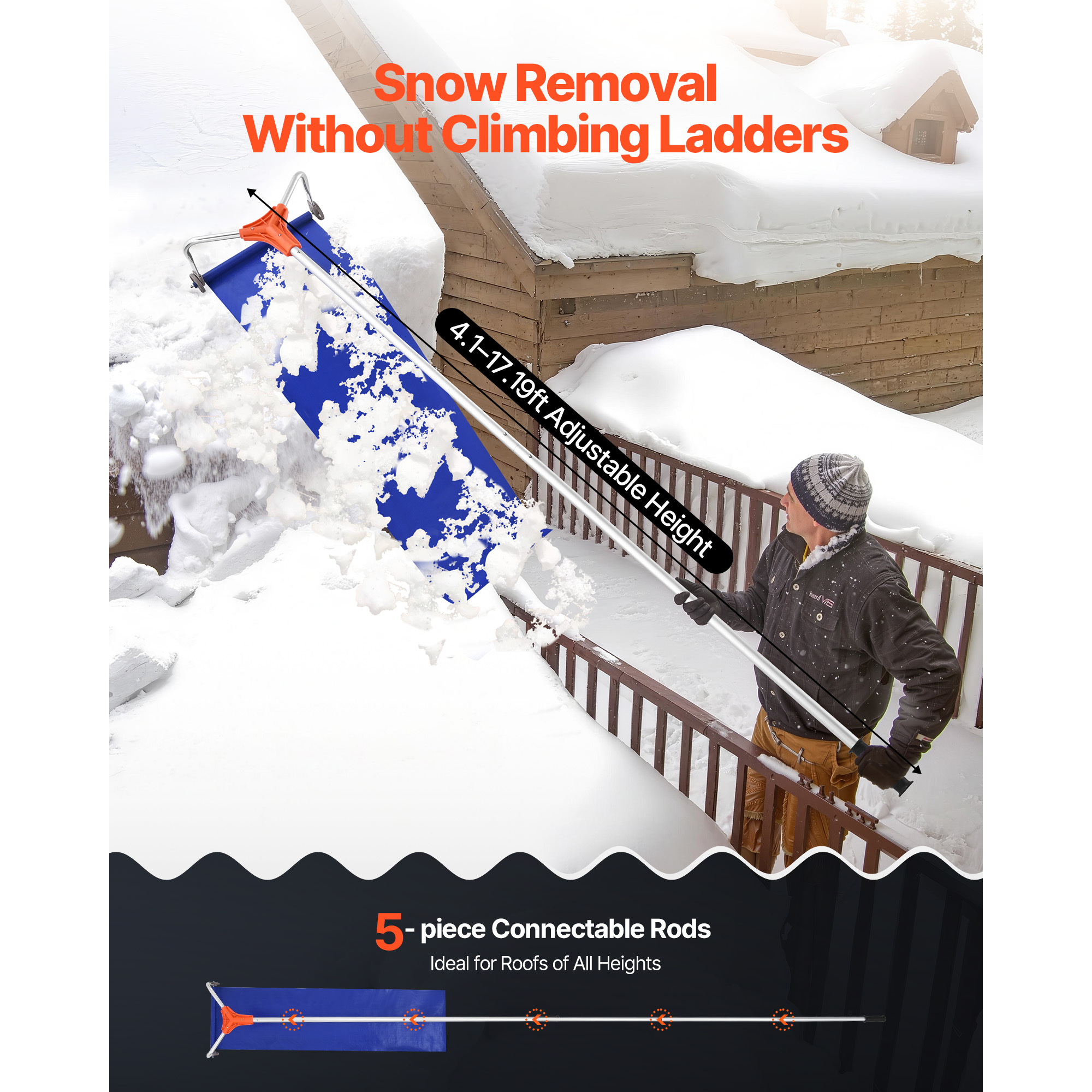 Mophorn Snow Roof Rake, 17 in Aluminum Blade, 4.1-17.2 ft Adjustable ...