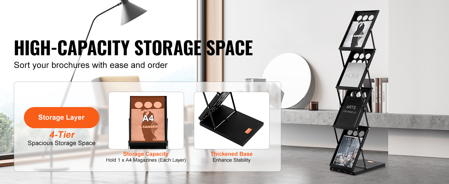 VEVOR Foldable Magazine Display Rack, 4-Tier Brochure Literature Display Stand, Portable Catalog ...