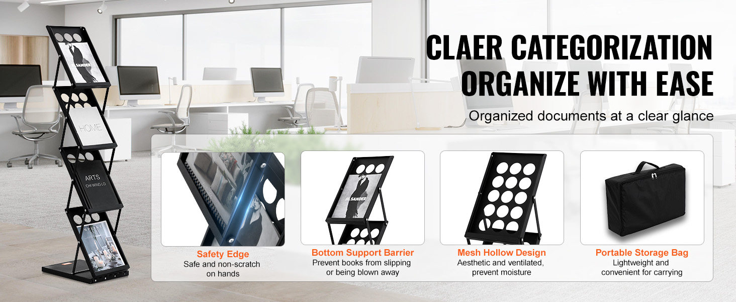 VEVOR Foldable Magazine Display Rack, 4-Tier Brochure Literature Display Stand, Portable Catalog ...