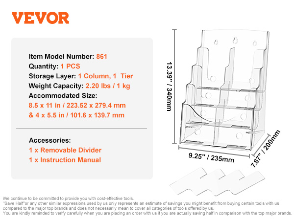 VEVOR Acrylic Brochure Holder 8.5 x 11 inch, 4-Tier Clear Acrylic ...