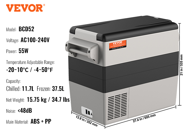 VEVOR Glacière Électrique Portable de 52 L, Réfrigérateur de Voiture Portable 12/24 V CC 100-240 ...