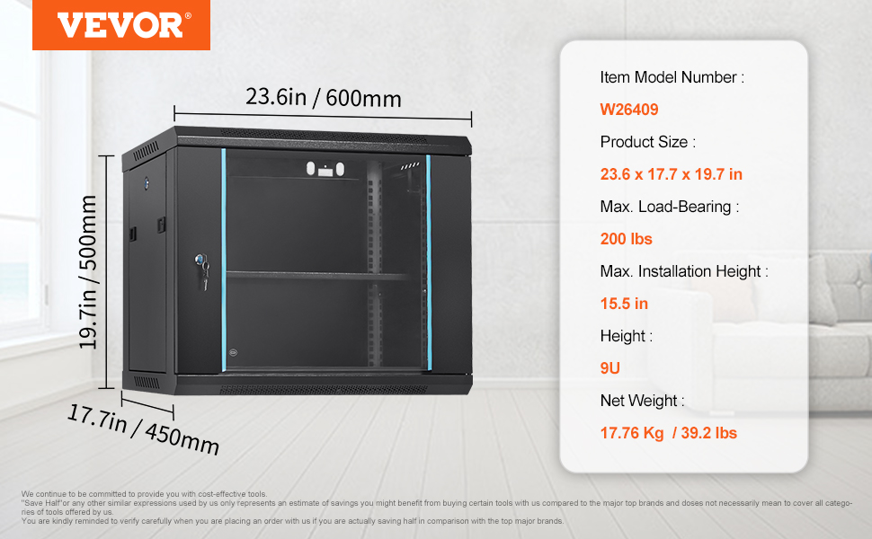VEVOR 9U Wall Mount Network Server Cabinet, 15.5'' Deep, Server Rack ...