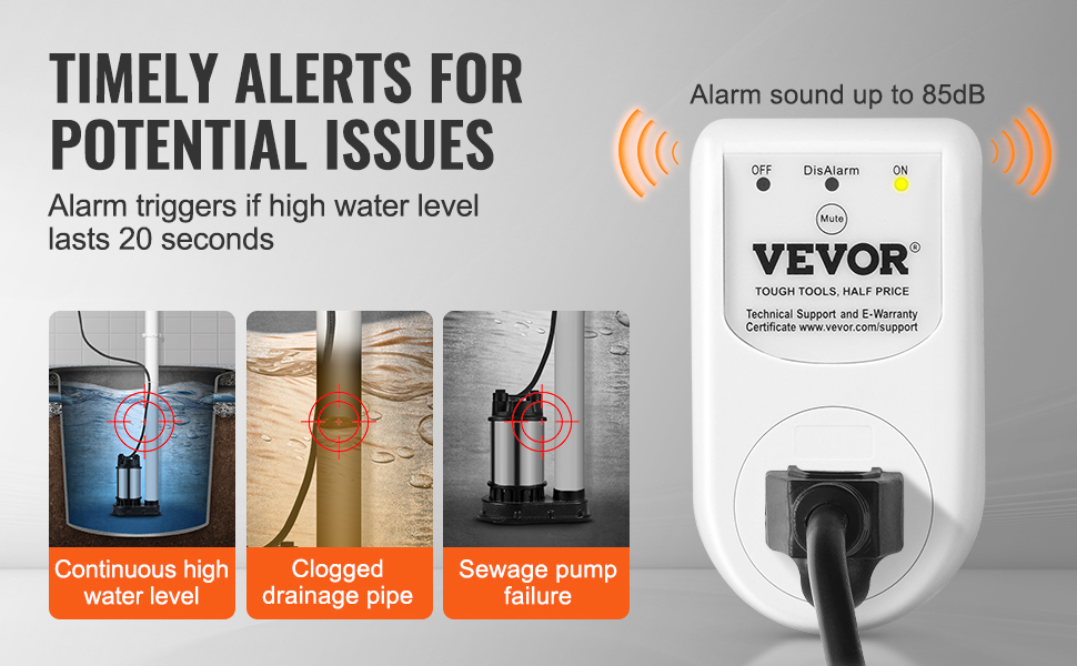 VEVOR Sump Pump Alarm With Dual Sensors Loud Alarm Long Cable for ...