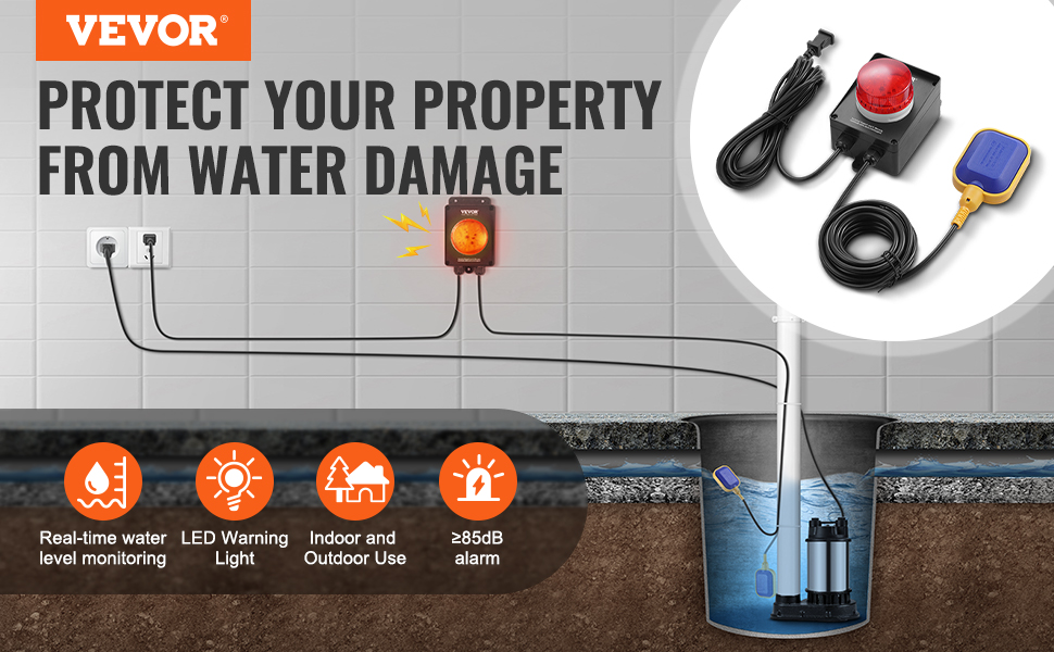 VEVOR Sump Pump Alarm With 16.4ft Level Float Switch Loud Alarm LED Indicator | VEVOR CA