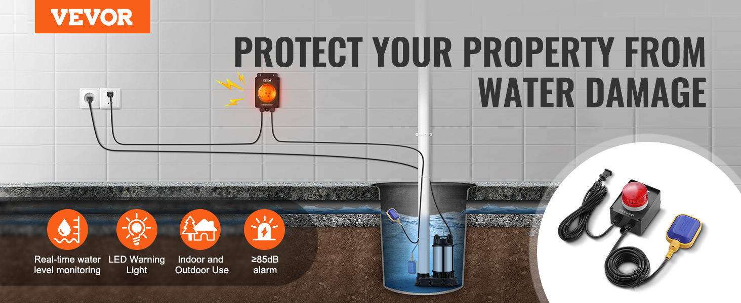 VEVOR Sump Pump Alarm With 16.4ft Level Float Switch Loud Alarm LED ...