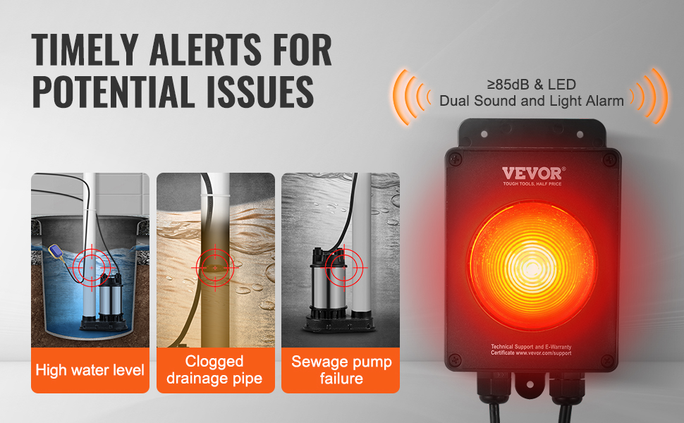 VEVOR Sump Pump Alarm With 16.4ft Level Float Switch Loud Alarm LED ...