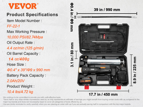 VEVOR Cordless Grease Gun, 20-Volt, 10,000 PSI, 39" Long Hose, Electric ...