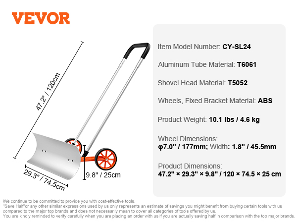 VEVOR Snow Shovel with Wheels, 30 inch Snow Shovel for Driveway, Metal ...