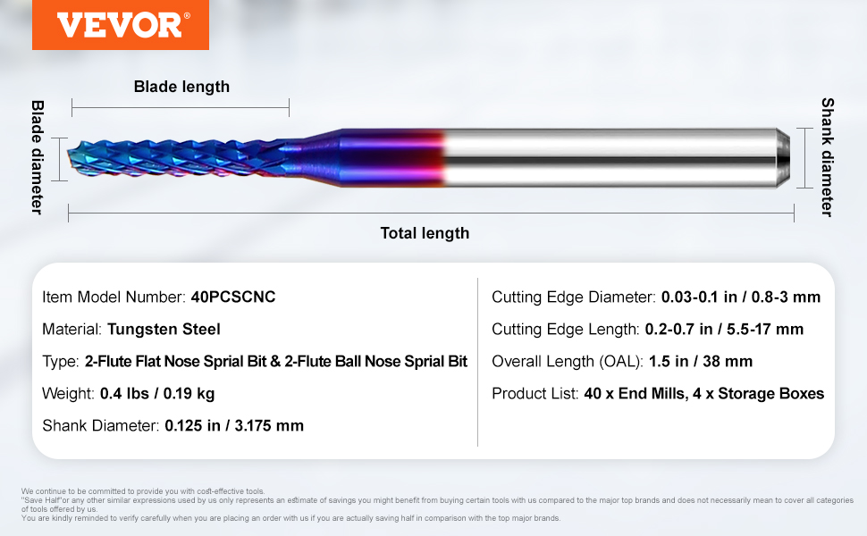 VEVOR 40pcs End Mills CNC Router Bits, 1/8" Shank, CNC Cutter Milling ...