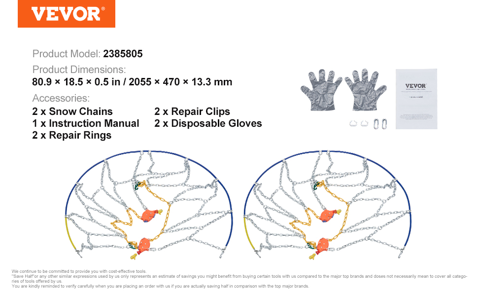 VEVOR Auto Tightening Snow Chains Diamond Mesh Anti-slip Traction Wheel ...