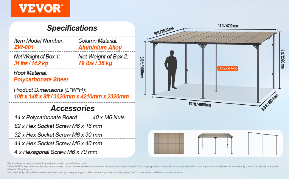 VEVOR Gazebo adosado VEVOR de 10' x 14' para patio con cubierta rígida ...