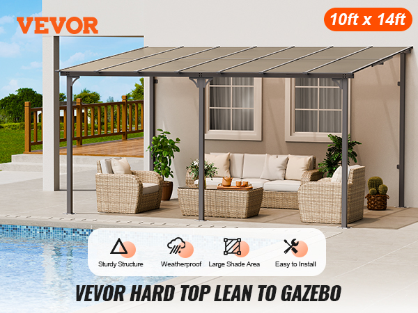 VEVOR Gazebo adosado VEVOR de 10' x 14' para patio con cubierta rígida ...