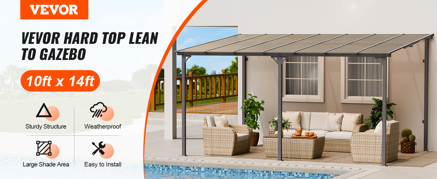 VEVOR Gazebo adosado VEVOR de 10' x 14' para patio con cubierta rígida ...