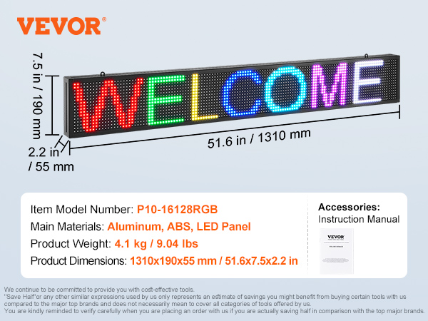 VEVOR Programmable LED Sign, P10 Full Color LED Scrolling Panel, DIY ...