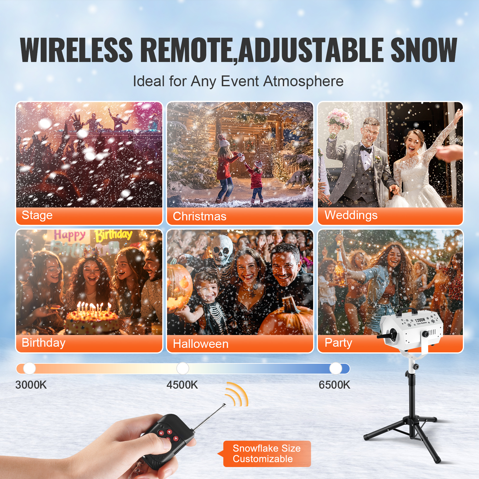 VEVOR Snow Machine 650/800/1200/1500/2000W Remote Snow Making Machine ...