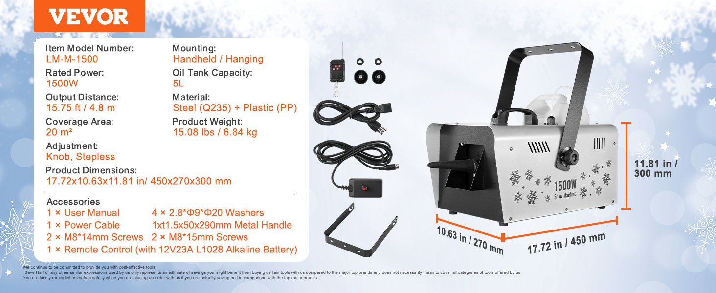 VEVOR Snow Machine 1500W Wireless Remote Handheld Hanging Snow Making ...