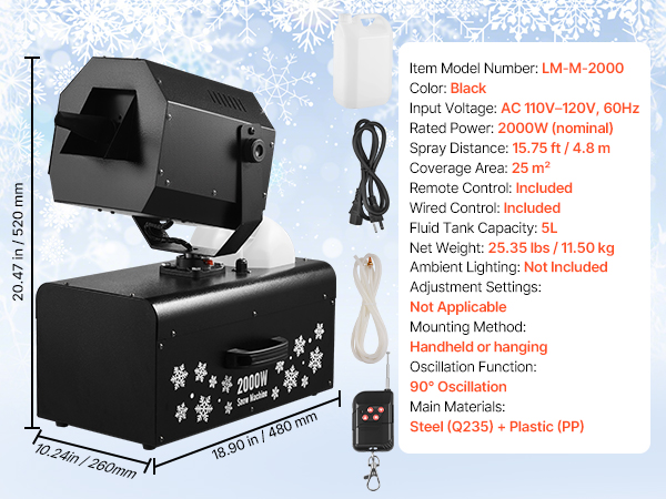 VEVOR Snow Machine 2000W Wireless Remote Swing Snow Making Machine for ...