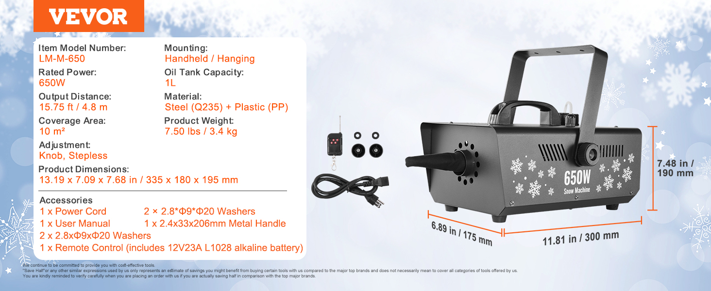 VEVOR Snow Machine 650W Handheld Hanging Snow Making Machine for ...