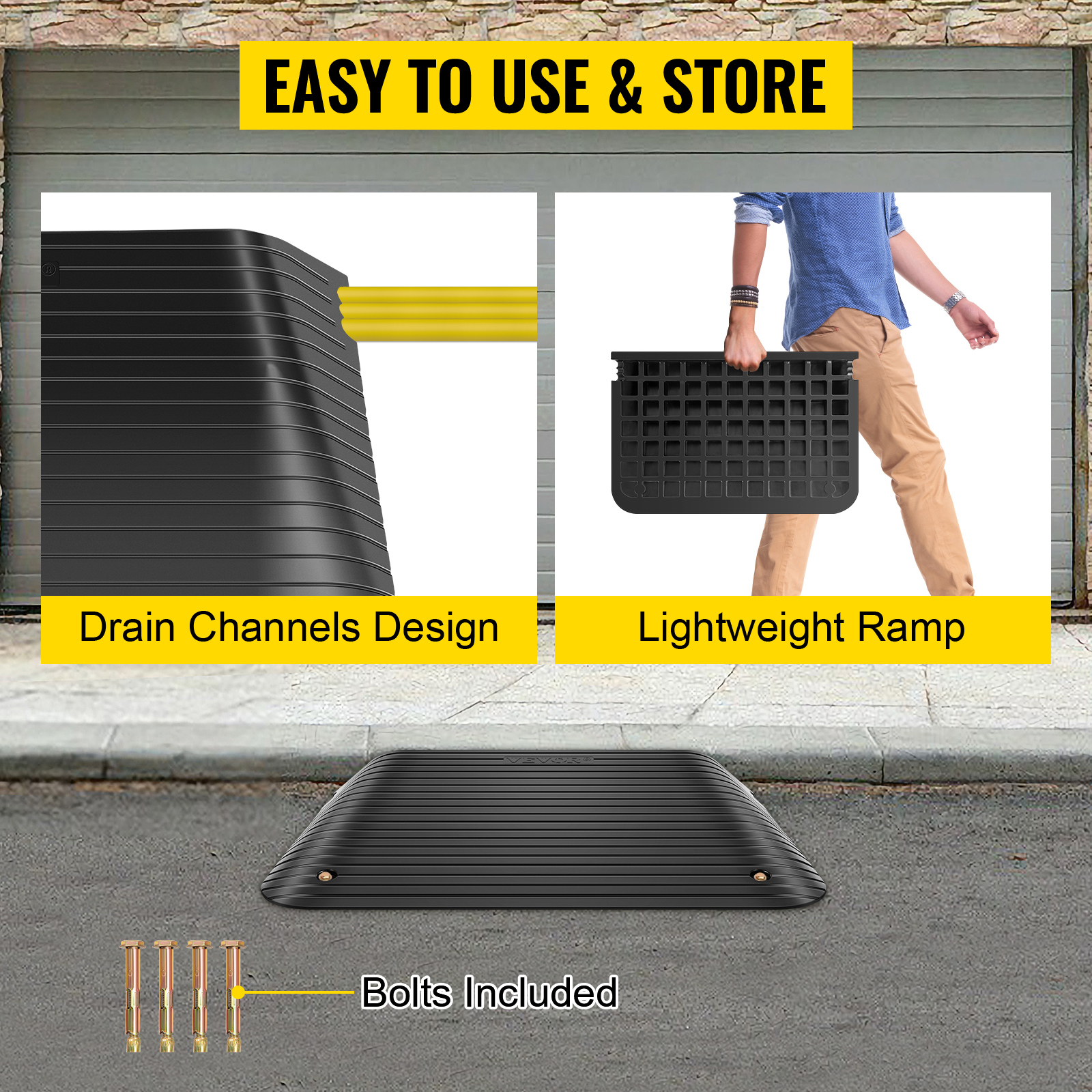 VEVOR Rubber Threshold Ramp, 4" Rise Doorway Ramp, 1 Pack with Channel ...