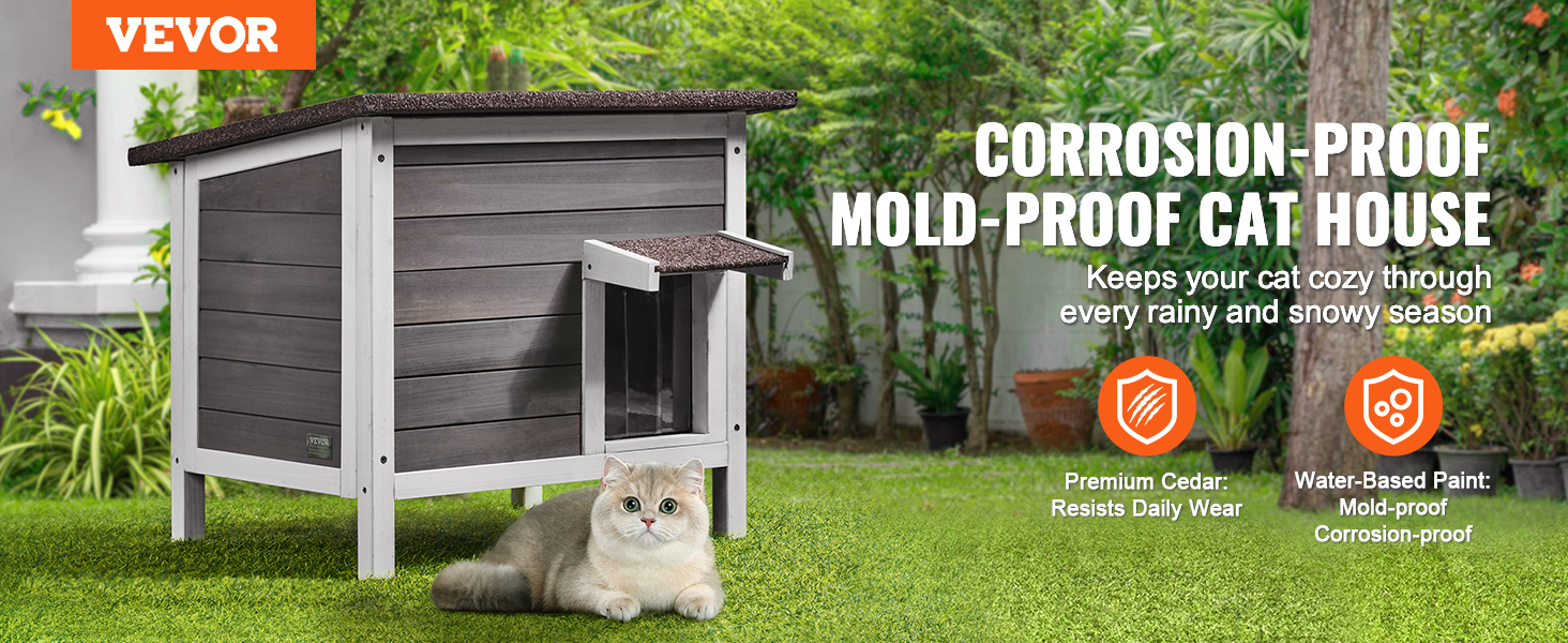 VEVOR Utomhuskatthus Vilda katthem i trä med tak och PVC-dörrklaffar ...