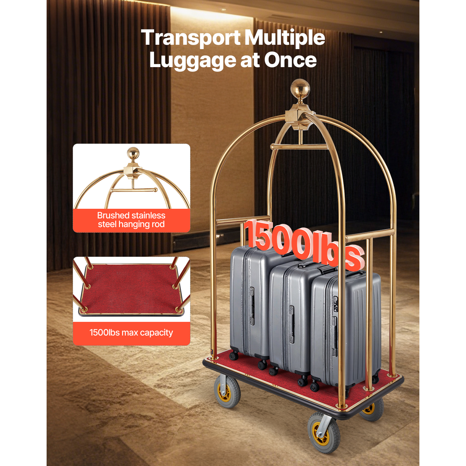 Mophorn Hotel Luggage Cart, 1500 lbs Capacity, Stainless Steel Bellman ...