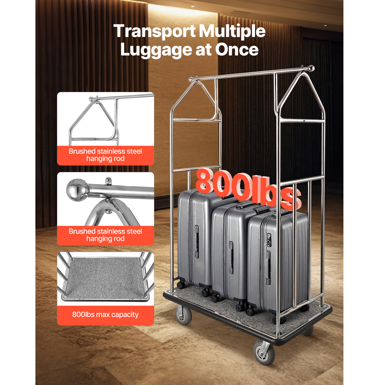 Mophorn Hotel Luggage Cart, 800 lbs Capacity, Stainless Steel Finish ...