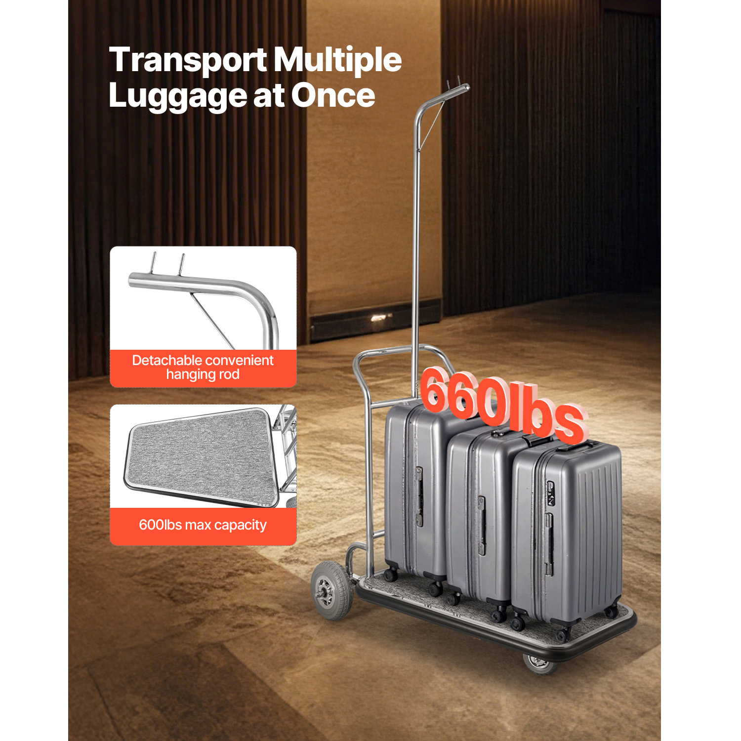 Mophorn Stainless Steel Luggage Cart, 600 lbs Capacity, 3-Wheel Design ...