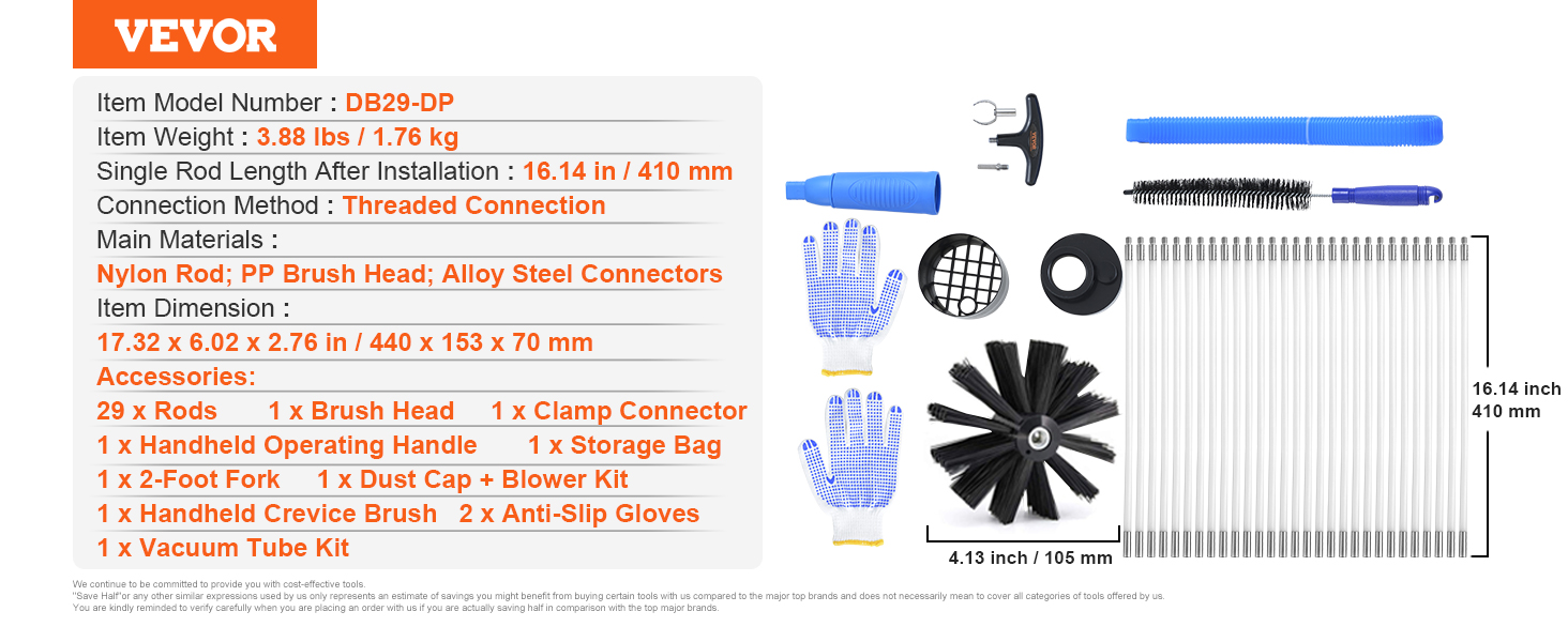 VEVOR 40 FEET Dryer Vent Cleaner Kit, 29 Pieces Duct Cleaning Brush ...