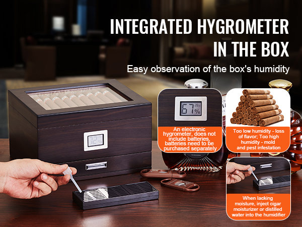 VEVOR 50 Cigar Humidor Glasstop Cedar Cigar Box Humidifier & Hygrometer ...