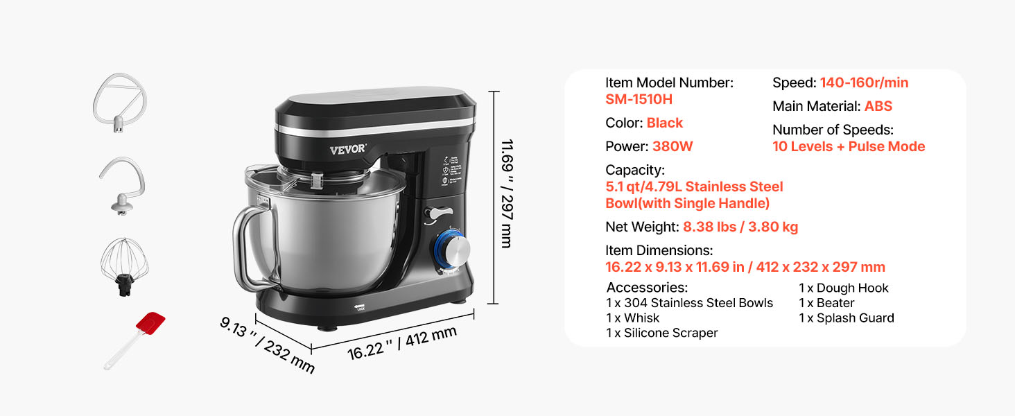 VEVOR Stand Mixer 5.1 Quart Electric Dough Mixer 380W 10 + P Speeds ...