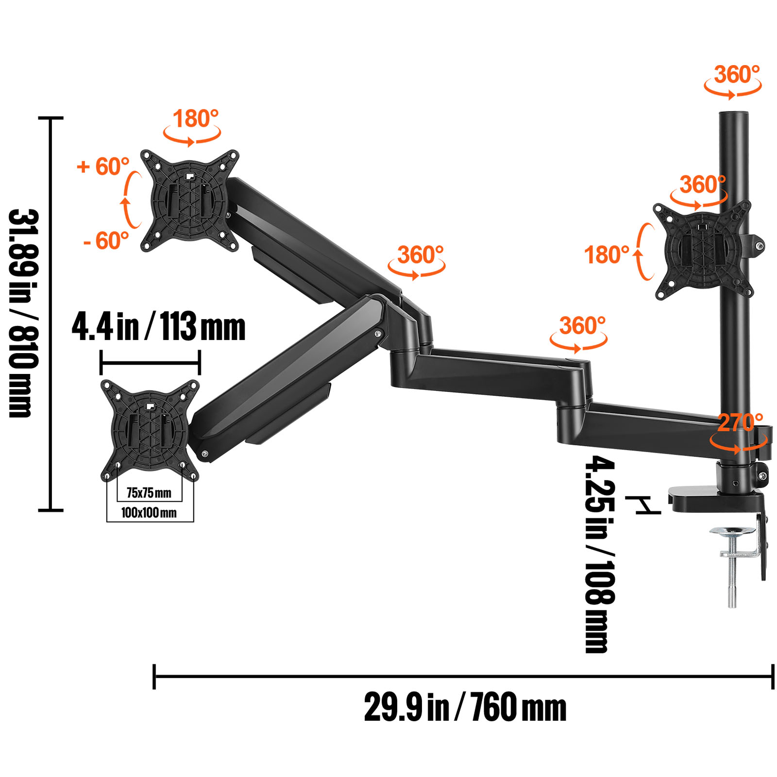 VEVOR Monitor-Halterung Tragarm für 3 Monitore 330-686 mm ...