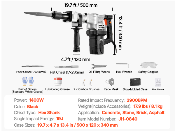 VEVOR Demolition Jack Hammer, 1400W Electric Jackhammer Heavy Duty ...