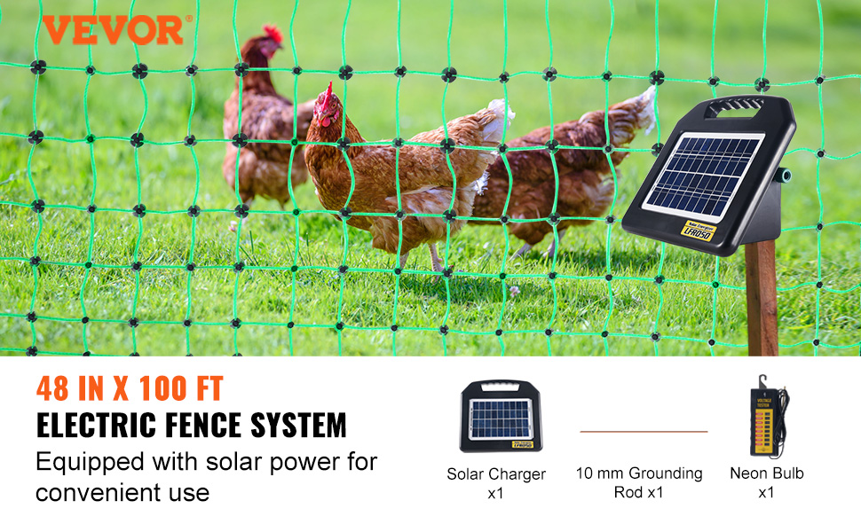 VEVOR Electric Fence Netting, 48" H x 100' L, PE Net Fencing with Solar ...