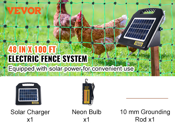 VEVOR Electric Fence Netting, 48" H x 100' L, PE Net Fencing with Solar ...