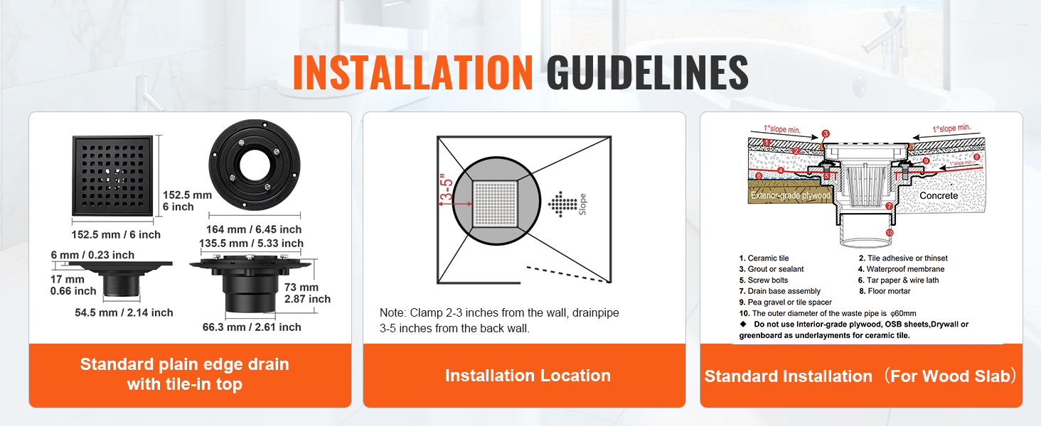 VEVOR 16 Inch Linear Shower Drain with Square Pattern Grate,Brushed 304 ...