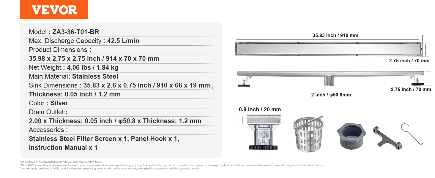 VEVOR 24Inch Linear Shower Drain Offset with Tile Insert Cover,Brushed ...