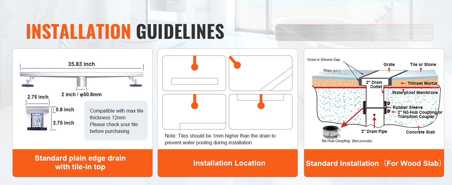 VEVOR 24Inch Linear Shower Drain Offset with Tile Insert Cover,Brushed ...
