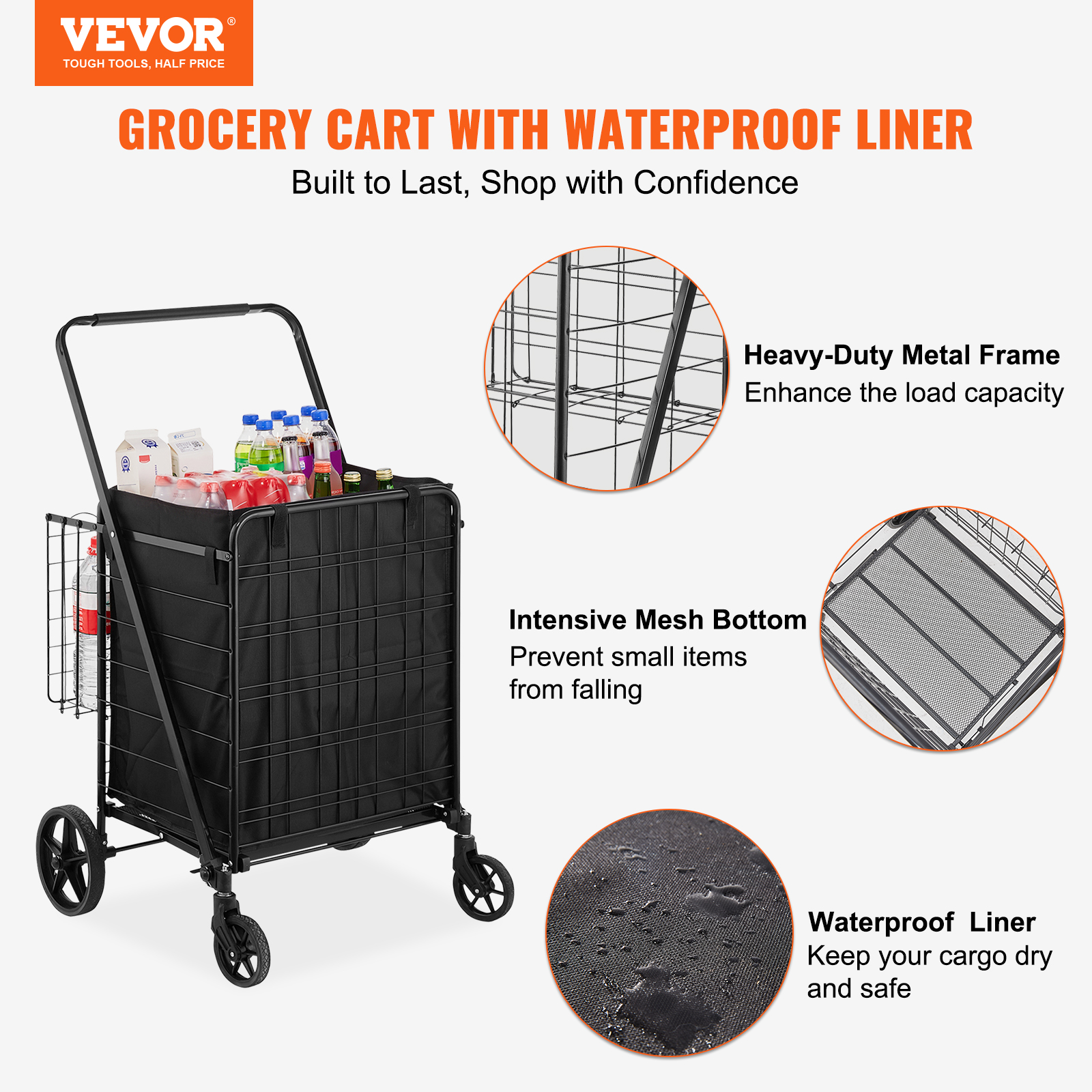 VEVOR Rolling Laundry Cart Folding Shopping Cart w/ Hanging Rack/Double ...