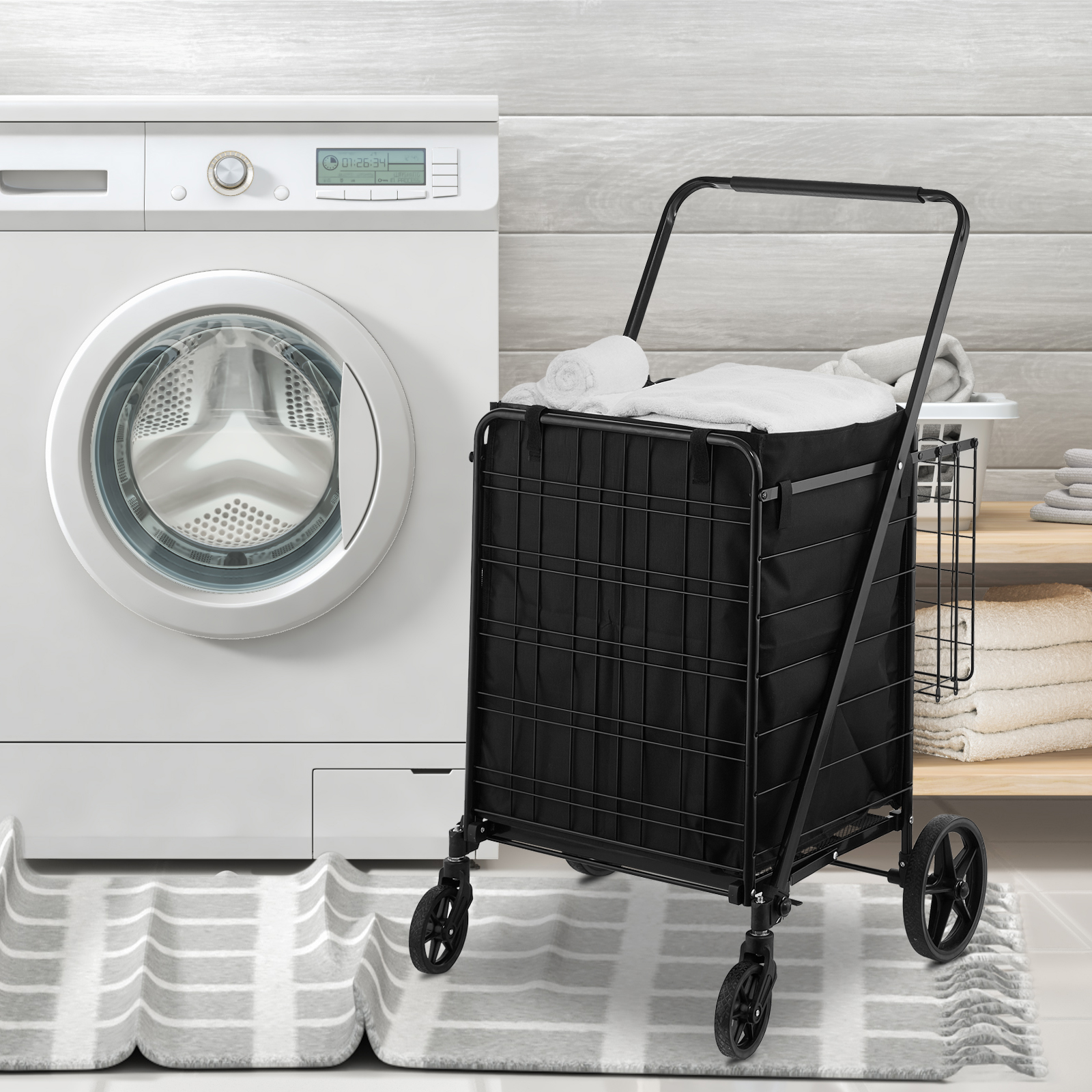 VEVOR Rolling Laundry Cart Folding Shopping Cart w/ Hanging Rack/Double ...