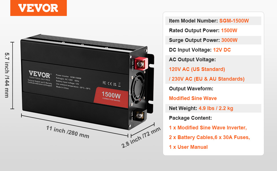 VEVOR Modified Sine Wave Inverter, 1500W, DC 12V to AC 120V Power ...