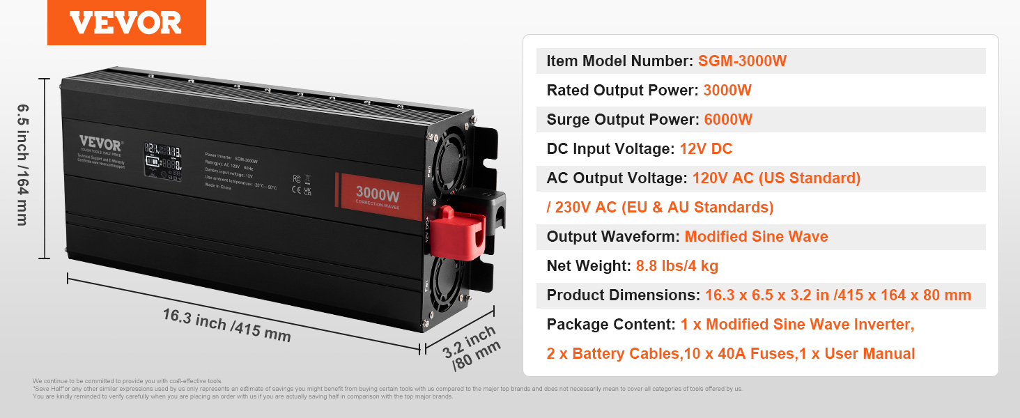 VEVOR Modified Sine Wave Inverter, 3000Watt, DC 12V to AC 120V LCD ...