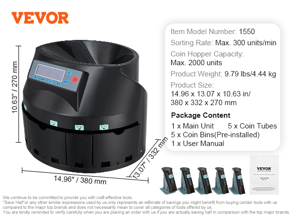 VEVOR USD Coin Sorter Coin Counter Wrapper and Roller 300 Coins/min LCD Display | VEVOR US