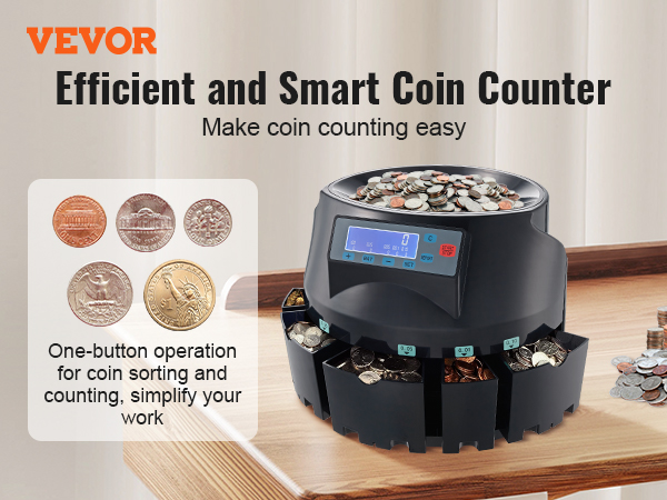VEVOR USD Coin Sorter Coin Counter Wrapper and Roller 300 Coins/min LCD Display | VEVOR US