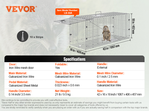 VEVOR Live Animal Cage Trap, 42" x 16" x 18" Humane Cat Trap Galvanized ...