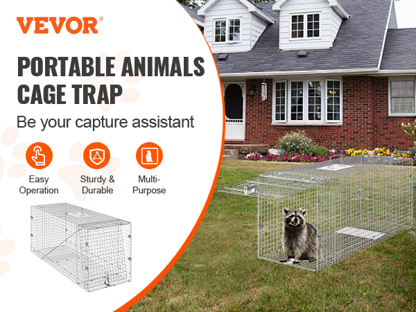 VEVOR Live Animal Cage Trap, 42" x 16" x 18" Humane Cat Trap Galvanized ...